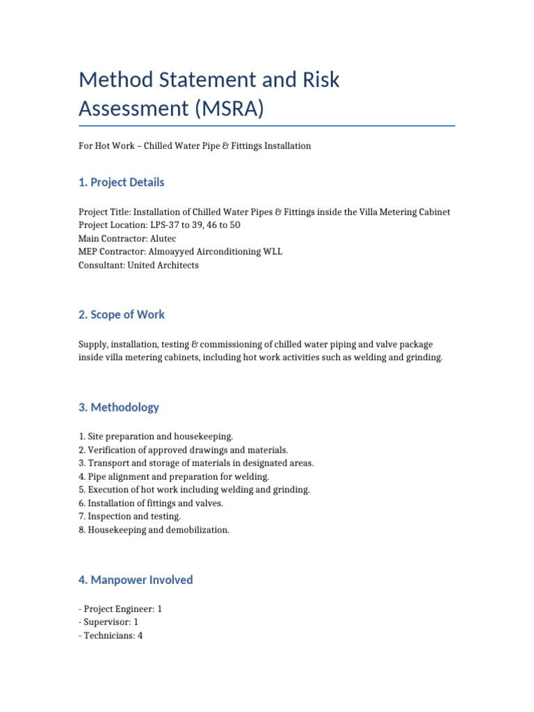 Hot Work Method Statement for Chilled Water Installation | PDF