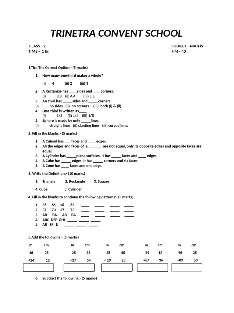 Class-2 Maths Pt-2 Exam | PDF