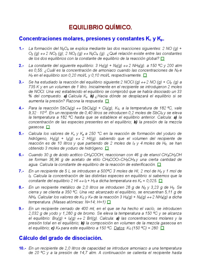 21 Ejercicios - De.equilibrio - Quimico.propuestos | PDF | Equilibrio químico | Mole (Unidad)