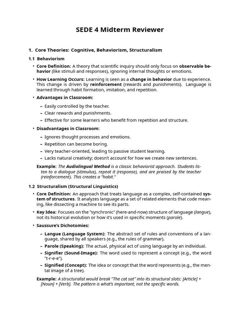 SEDE 4 Midterm Review: Learning Theories | PDF | Cognition | Second Language Acquisition