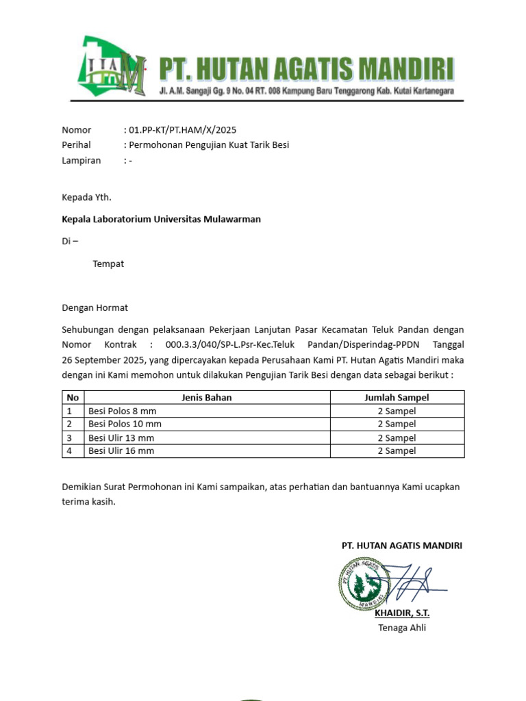 Surat Permohonan Uji Tarik Besi | PDF