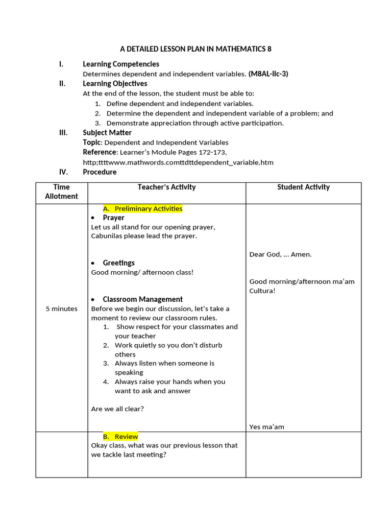 Lesson Plan: Variables in Math 8 | PDF | Variable (Mathematics ...