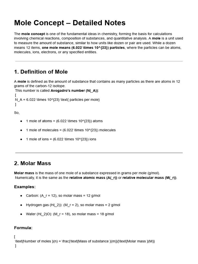 Mole Concept | PDF | Mole (Unit) | Stoichiometry