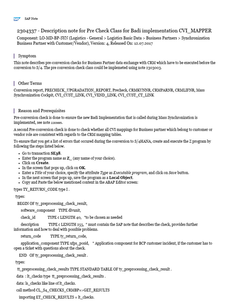 Pre-Check Class for BADI CVI Implementation | PDF | Customer ...