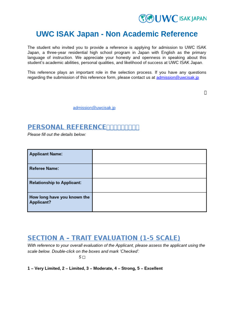 UWC ISAK Japan Reference Form Guide | PDF | Cognition | Behavioural ...