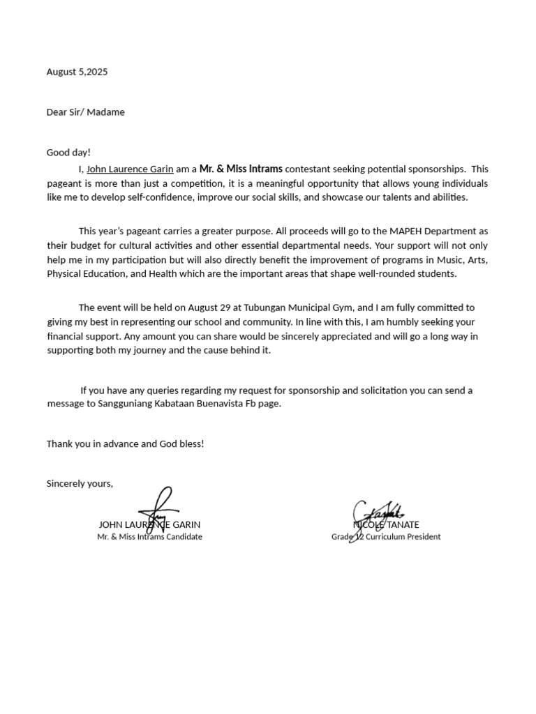 Sponsorship Request for Mr. & Miss Intrams | PDF | Intelligence | Cognition
