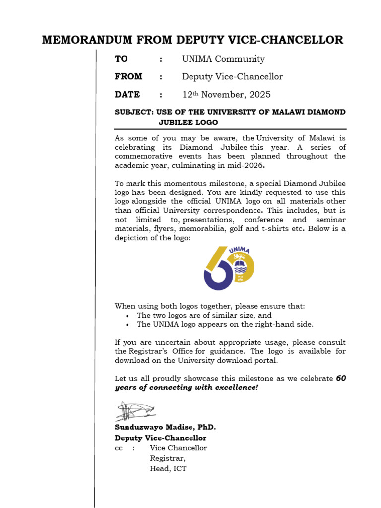 Memo to UNIMA Community on Use of Diamond Jubilee Logo | PDF