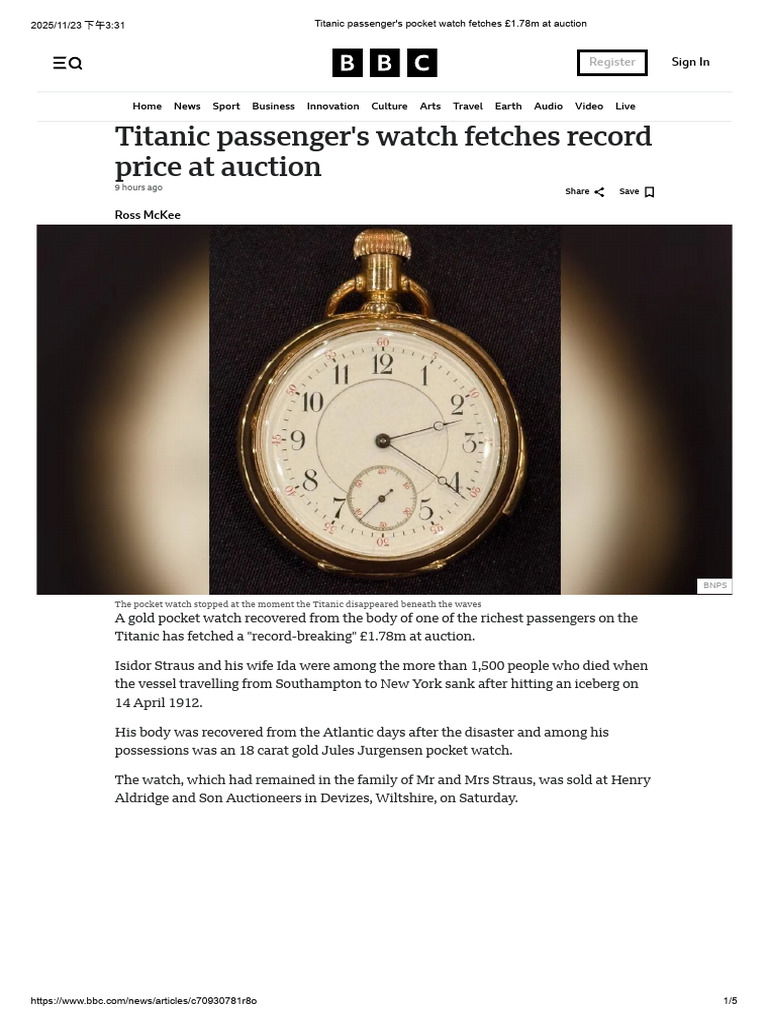 Titanic Watch Sells for £1.78 Million | PDF | Watercraft | Ships