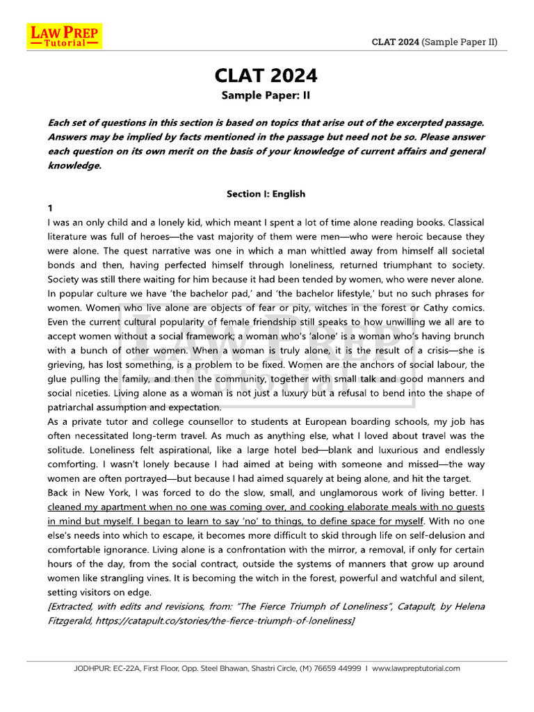 CLAT 2024 Sample Paper II Guide | PDF
