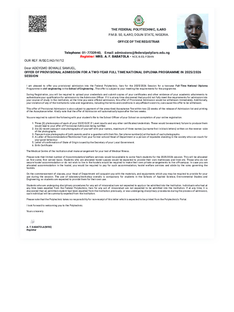 Admission Letter Poly | PDF | Educational Stages