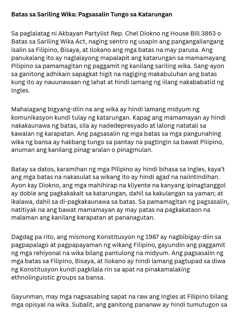 Batas Sa Sariling Wika Pagsasalin Tungo Sa Katarungan PDF | PDF