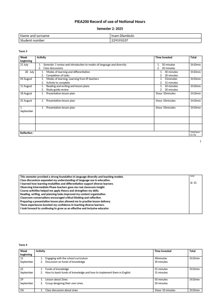 Notional Hours Record for Teaching Practice | PDF | Lesson Plan | Learning