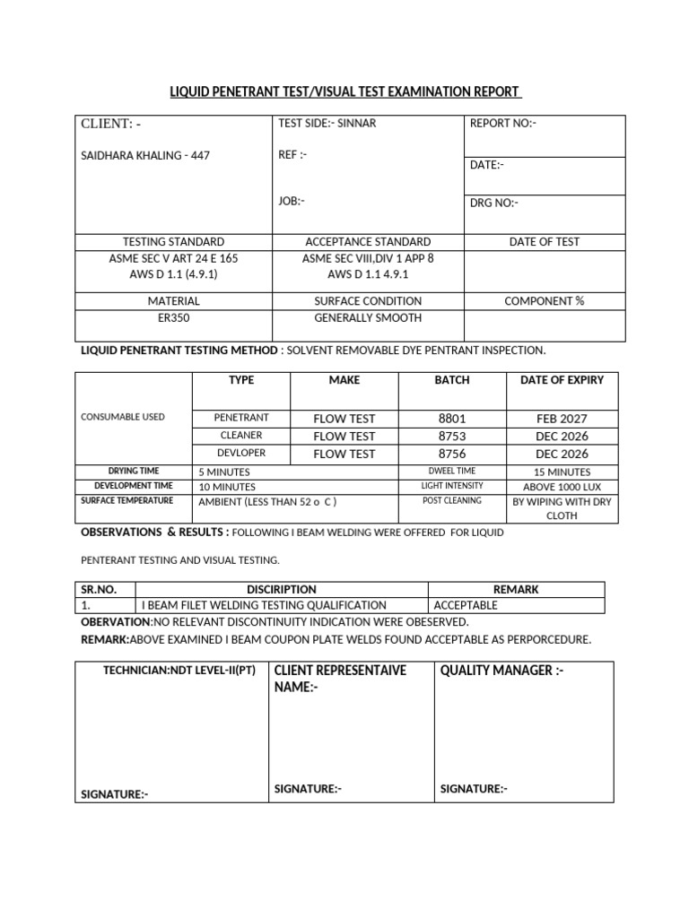 Liquid Penetrant Test Report Summary | PDF