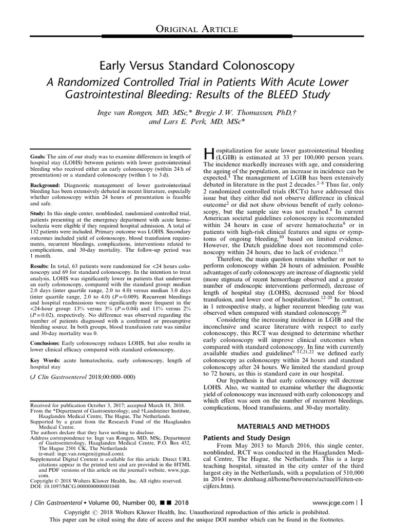 Early vs. Standard Colonoscopy in LGIB | PDF | Bleeding | Medical ...