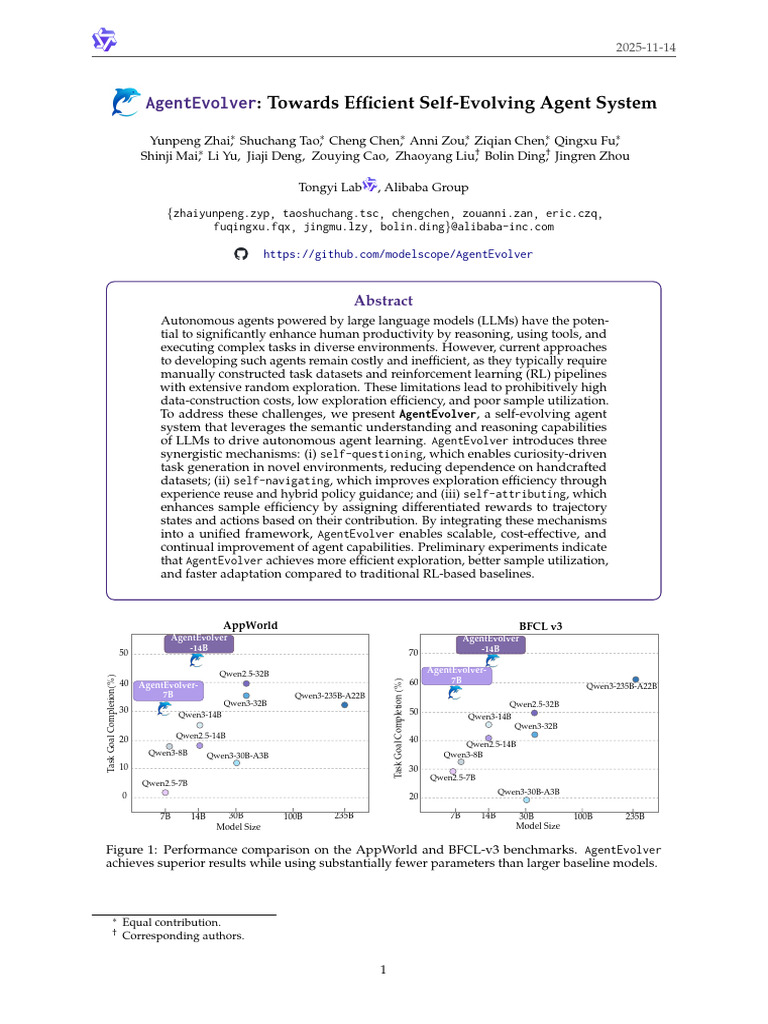 Agentevolver:: Towards Efficient Self-Evolving Agent System | PDF