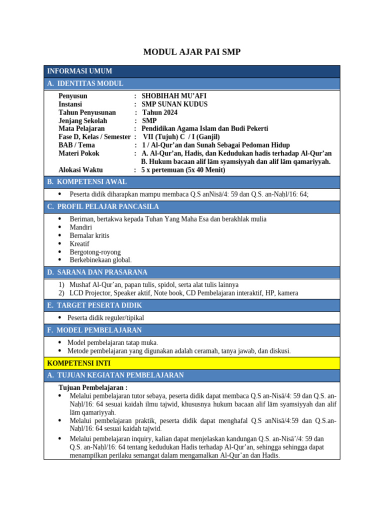 MODUL PAI 7 BAB 1 Kelas 7c | PDF