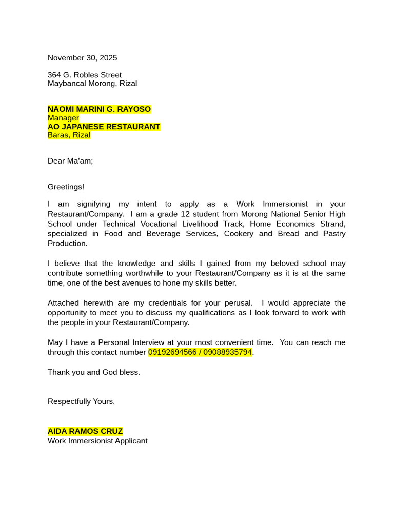 Work Immersion Application Letter | PDF