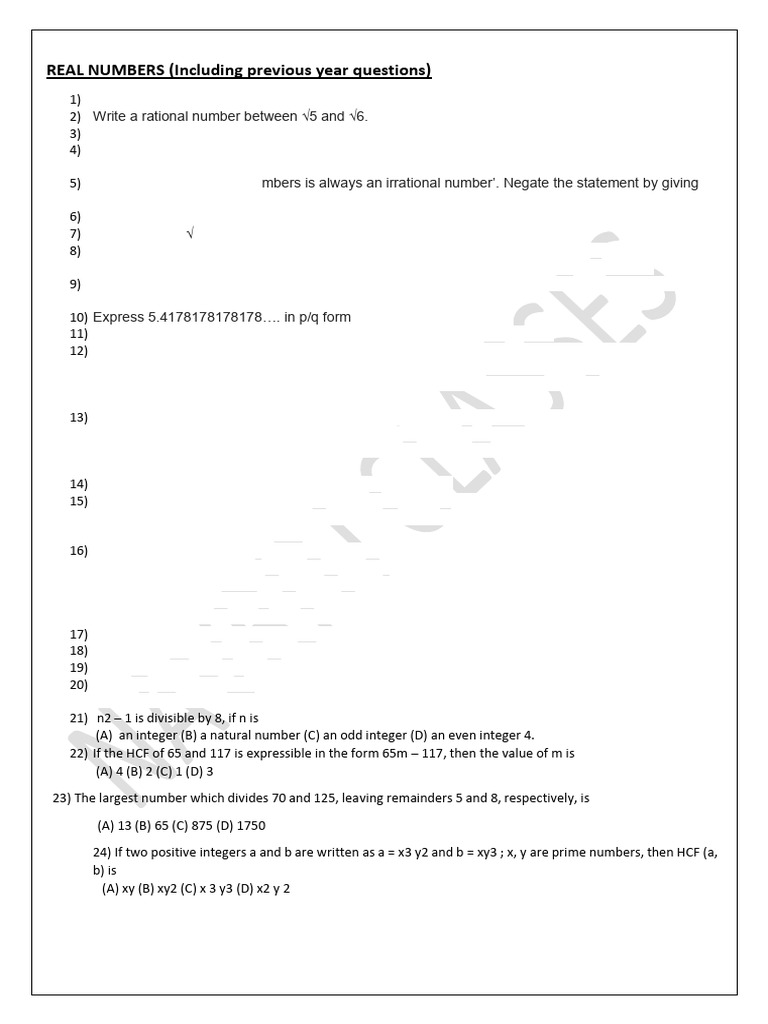 10th Real Numbers Maths Chapter 1 Pyqs Assingment | PDF | Numbers ...