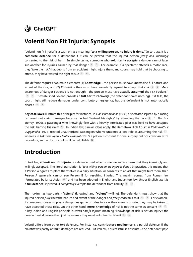 Volenti Non Fit Injuria - Synopsis | PDF | Private Law | Common Law