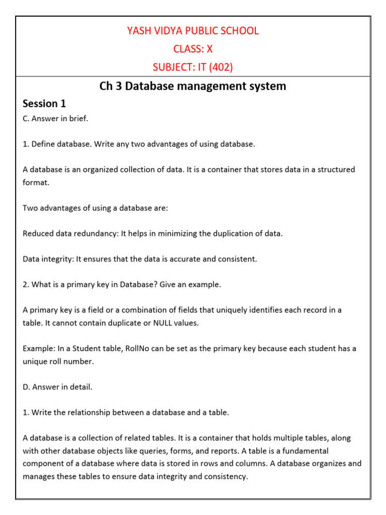Database Management Basics for Class X | PDF | Databases | Sql
