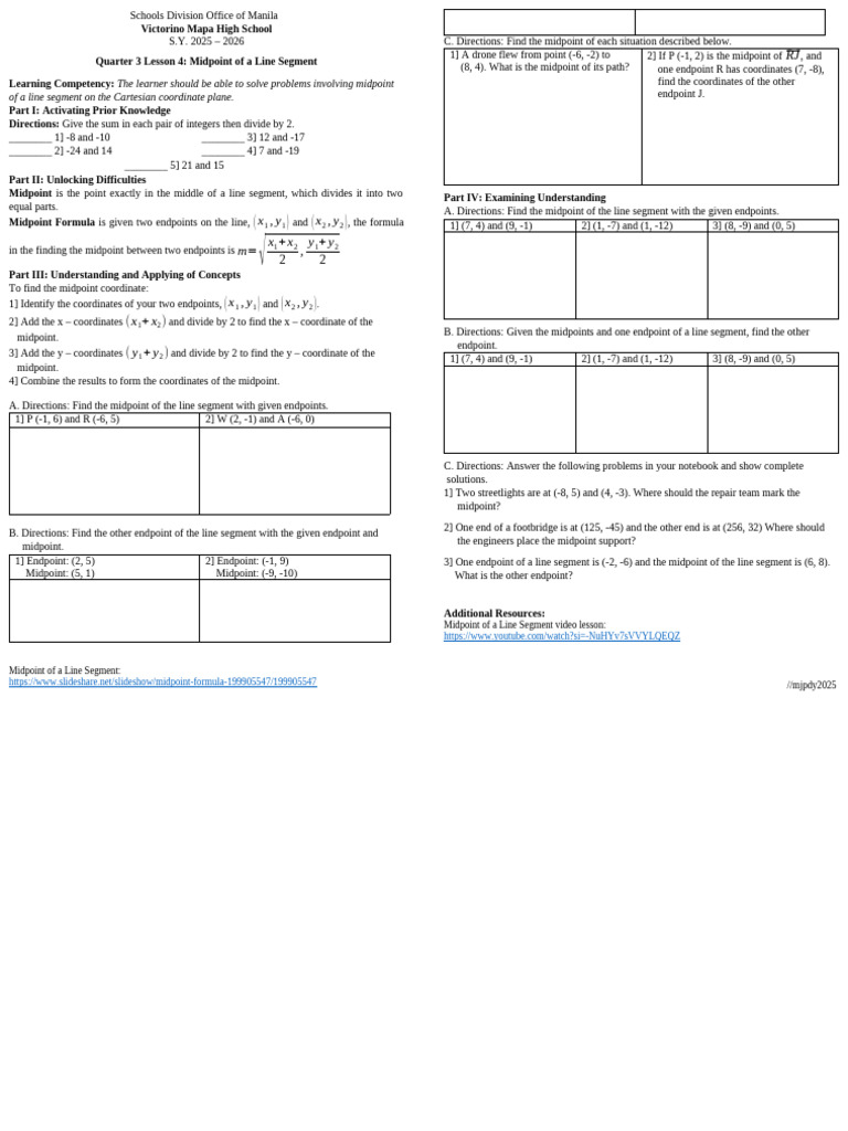 Midpoint of a Line Segment Lesson | PDF | Mathematics | Elementary ...
