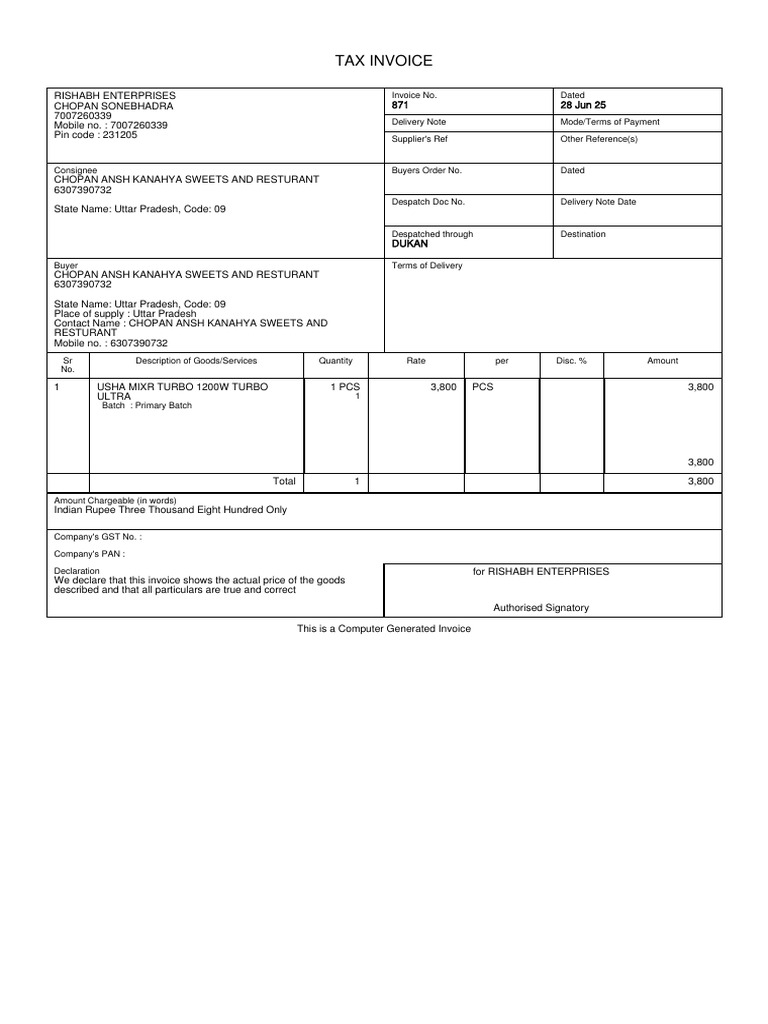 Chopan Ansh Kanahya Sweets and Resturant-871-28 Jun 25 | PDF | Invoice ...