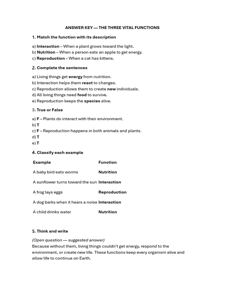 Ak The Three Vital Functions Worksheet 1 Pdf