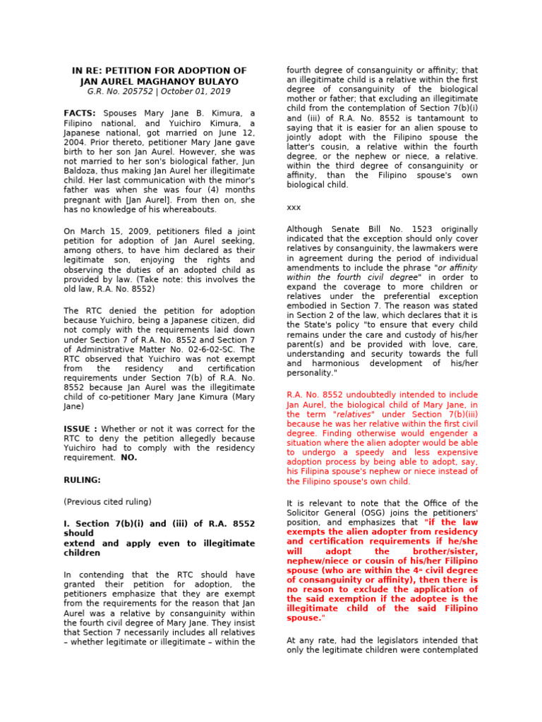 IN RE PETITION FOR ADOPTION OF JAN AUREL MAGHANOY BULAYO | PDF ...