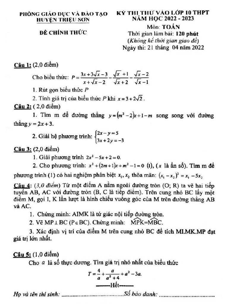 De Thi Thu Toan Vao 10 Nam 2022 2023 Phong Gddt Trieu Son Thanh Hoa | PDF