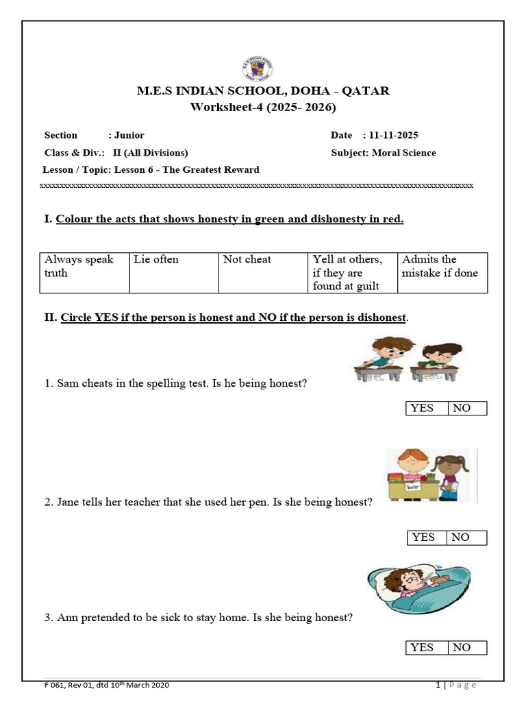 M.E.S Indian School, Doha - Qatar Worksheet-4 (2025-2026) | PDF