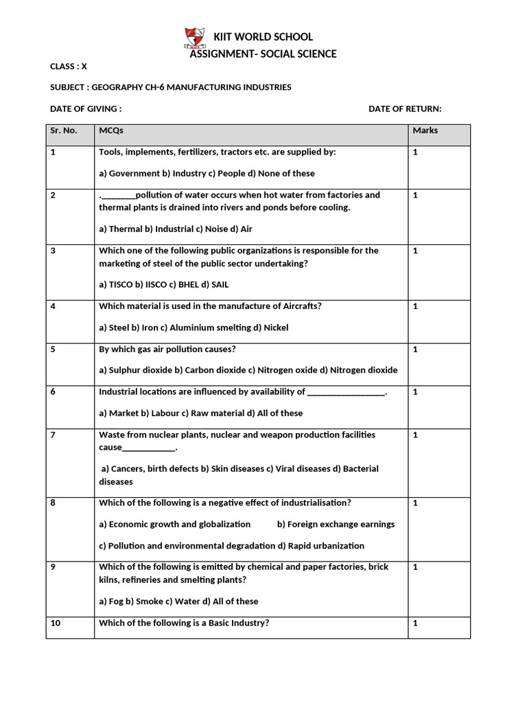 Class X Geography: Manufacturing Industries Assignment | PDF ...
