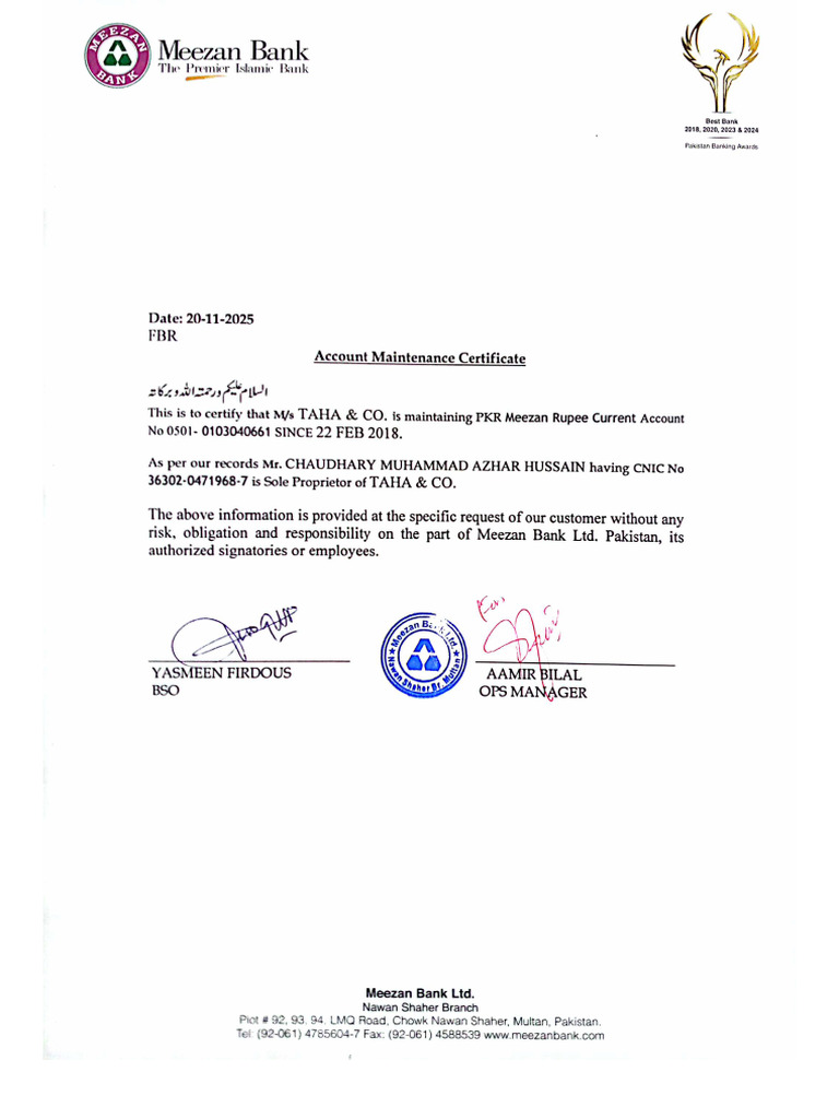Account Maintenance Certificate - TAHA &co | PDF