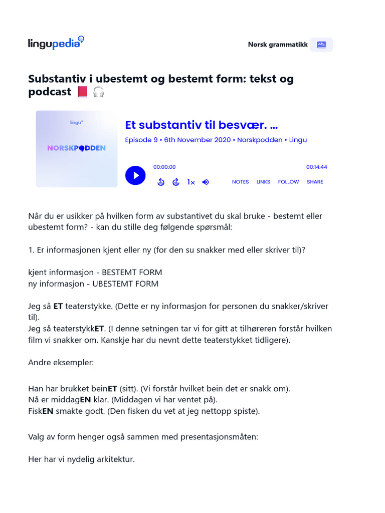 Substantiv i ubestemt og bestemt form - tekst og podcast ?? - ลิงกู่ | PDF