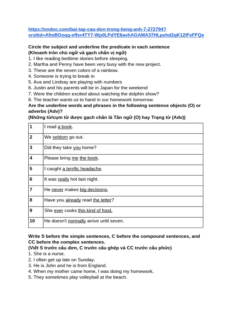 Bài tập câu đơn | PDF | Syntax