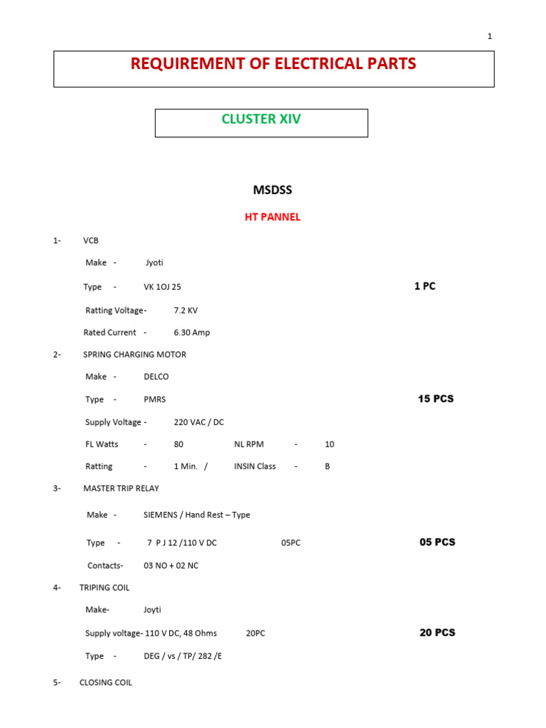 Requirement of Electrical Part | PDF | Relay | Alternating Current