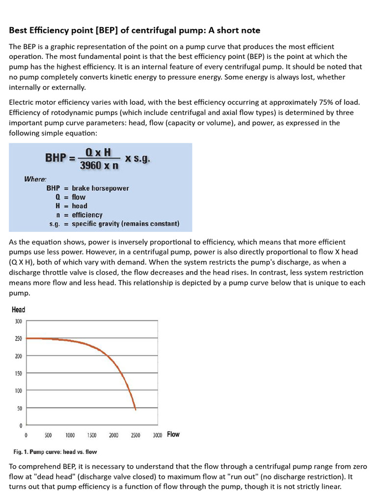 Best Efficiency Point (BEP) of Centrifugal Pump | PDF | Pump | Gases