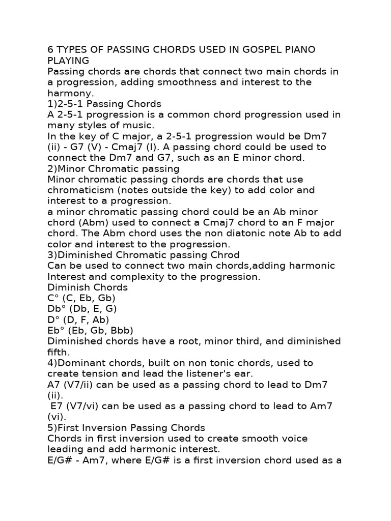 6 Types of Passing Chords Used in Gospel Piano Playing | PDF