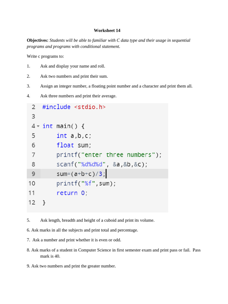 Worksheet 14 C Programs | PDF