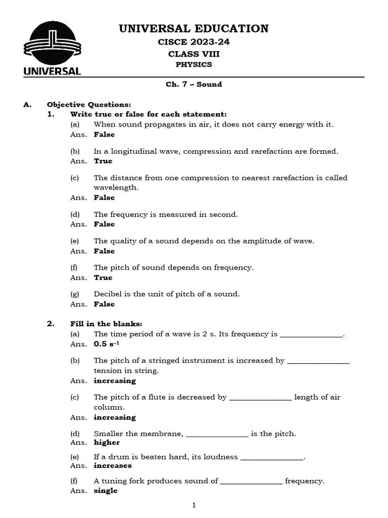 Class VIII Physics: Sound Concepts | PDF | Sound | Pitch (Music)