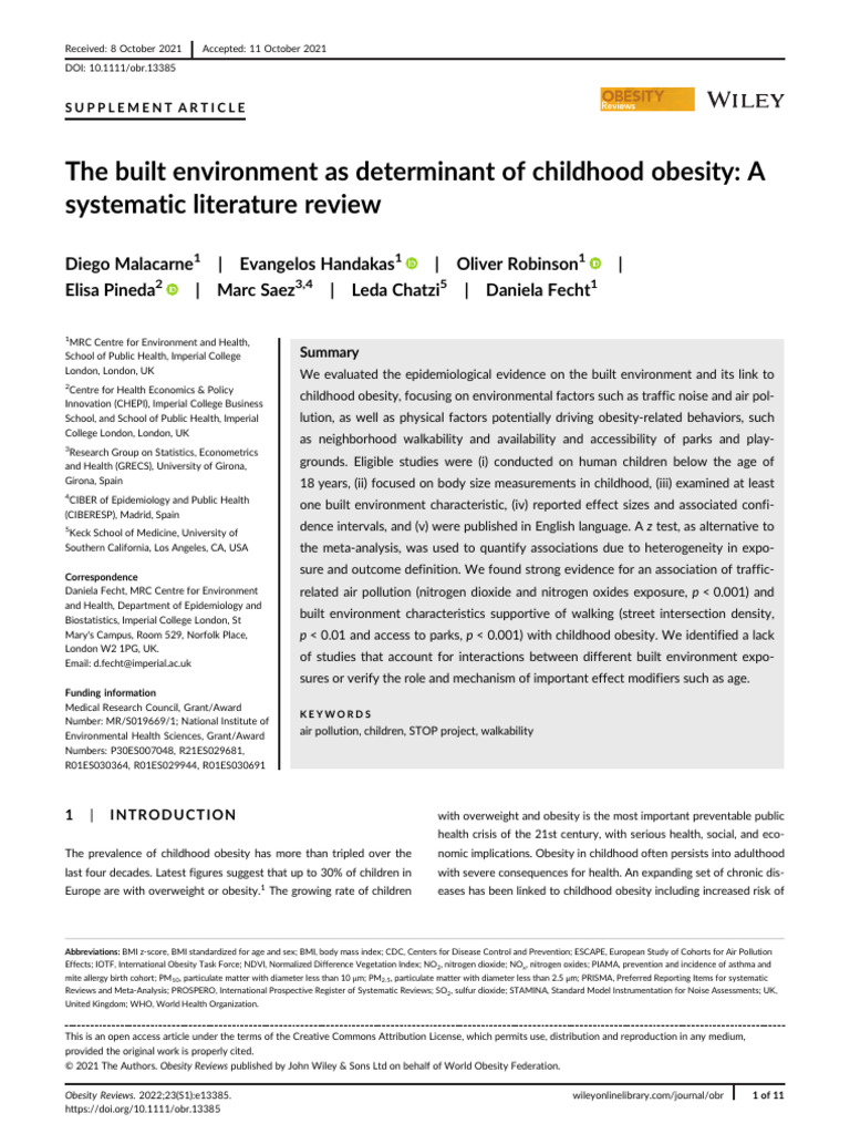 The Built Environment As Determinant of Childhood Obesity, A Systematic ...
