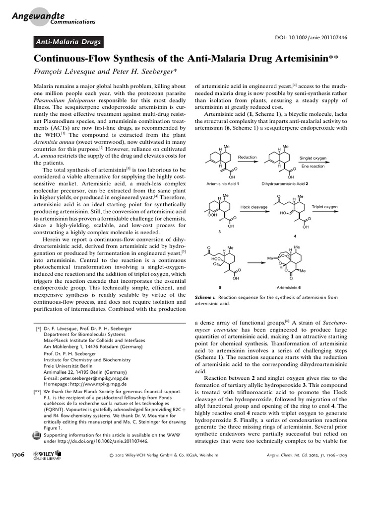 Continuous Flow Synthesis of The Anti-Malaria Drug Artemisinin | PDF ...