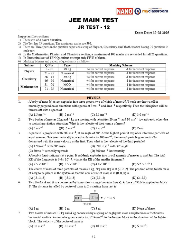 JR Mains Test 12-30-08 25 Q.P With Key. | PDF | Mass | Multiple Choice
