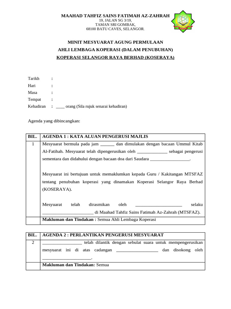 Minit Mesyuarat Agong Permulaan Latest | PDF