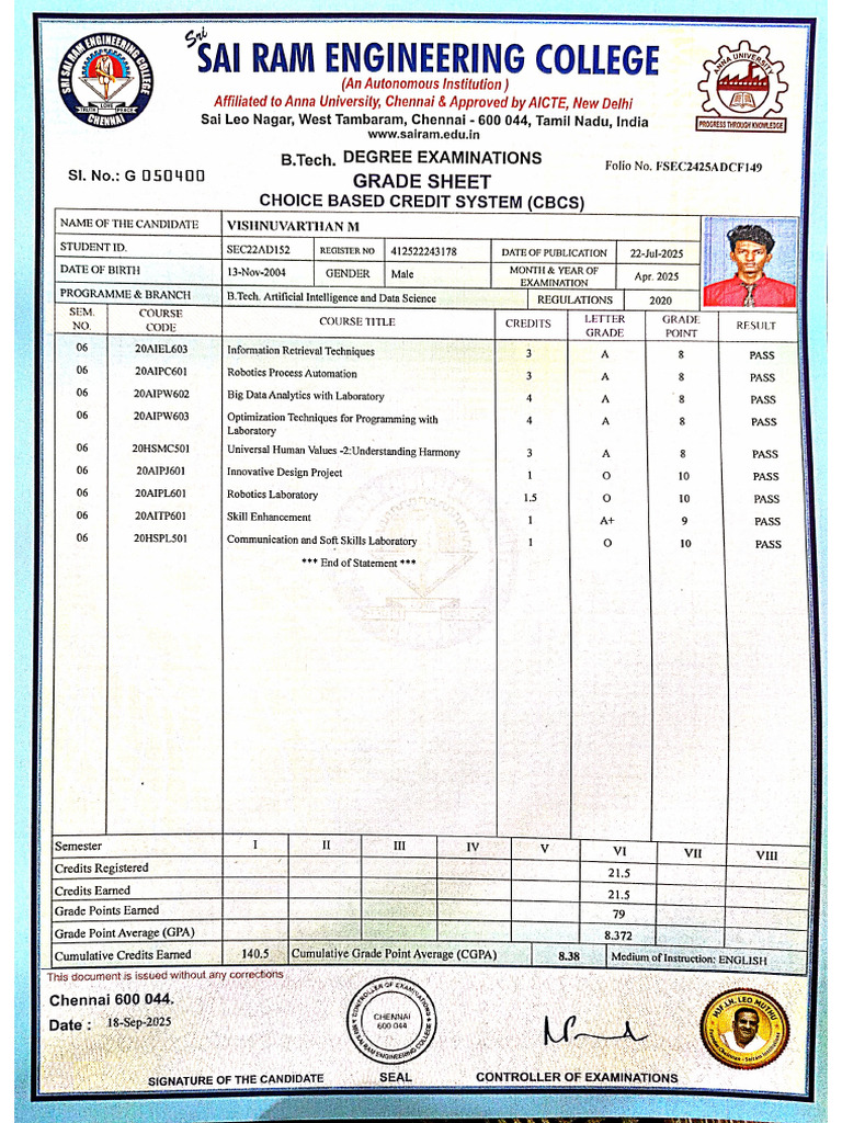 6thsem Marksheet | PDF