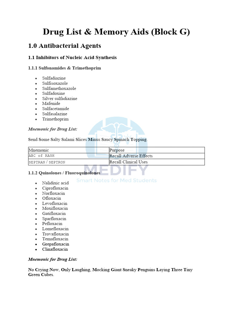 Drug Lists and Memory Aids (Block G) | PDF | Beta Lactamase | Drugs