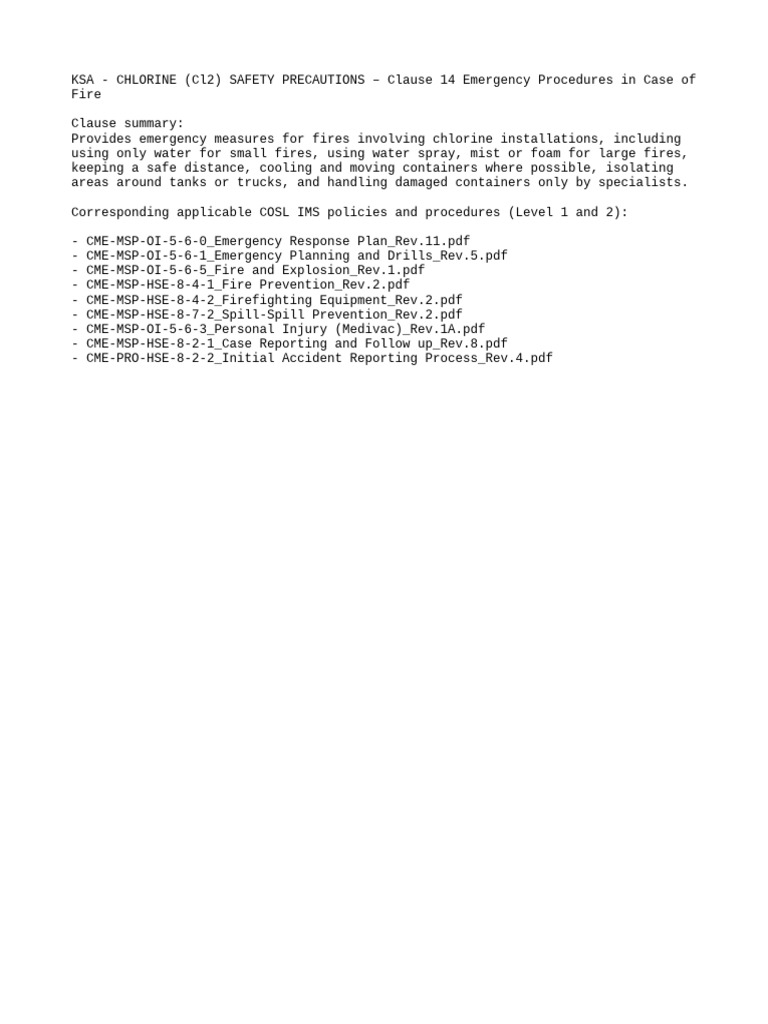 KSA Chlorine Clause 14 Emergency Procedures in Case of Fire | PDF