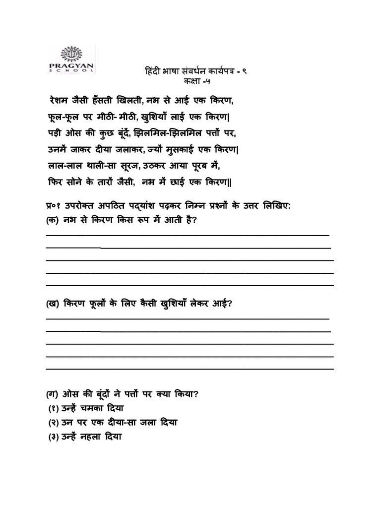 Class 5 Hindi Enrichment Worksheet-9 | PDF