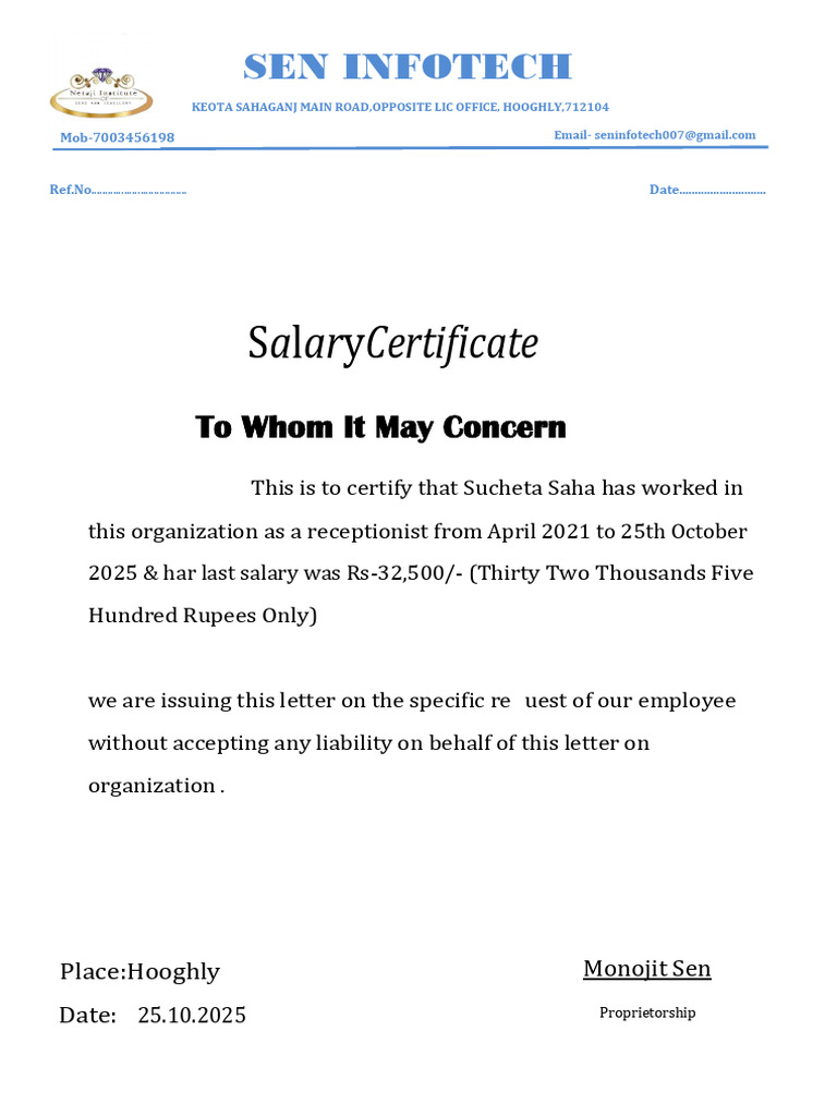 Salary Certificate for Sucheta Saha | PDF