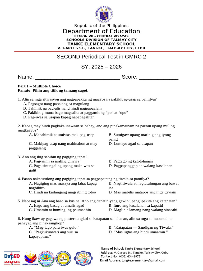 Second Periodical Test in GMRC 2 2nd Q. | PDF