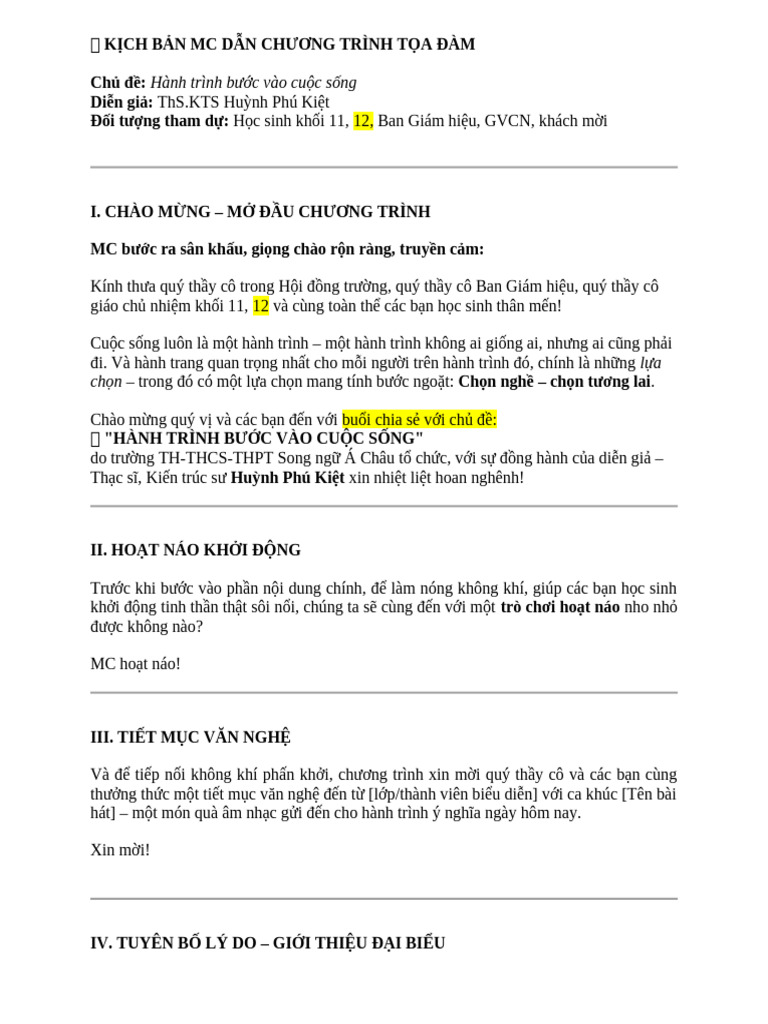 Kich Ban MC Toa Dam | PDF